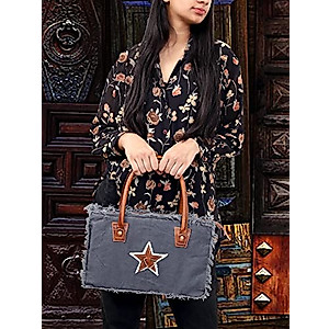 Ruzioon Upcycled Canvas Hand Bag, Canvas & Cowhide Tote Bag, Canvas Tote Bag, Cowhide Leather Handbags, Canvas Shoulder Bags for Women