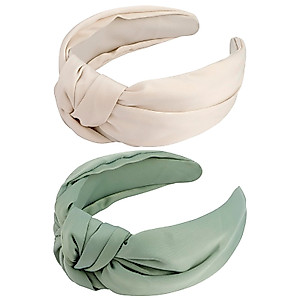 VELSCRUN 2 Pack White Green Wide Knotted Headbands for Women Satin Women Headband Non Slip Head Bands Silk Headband Elastic Turban Fashion Hair Band Hair Styling Accessories Womens Sisters Girls