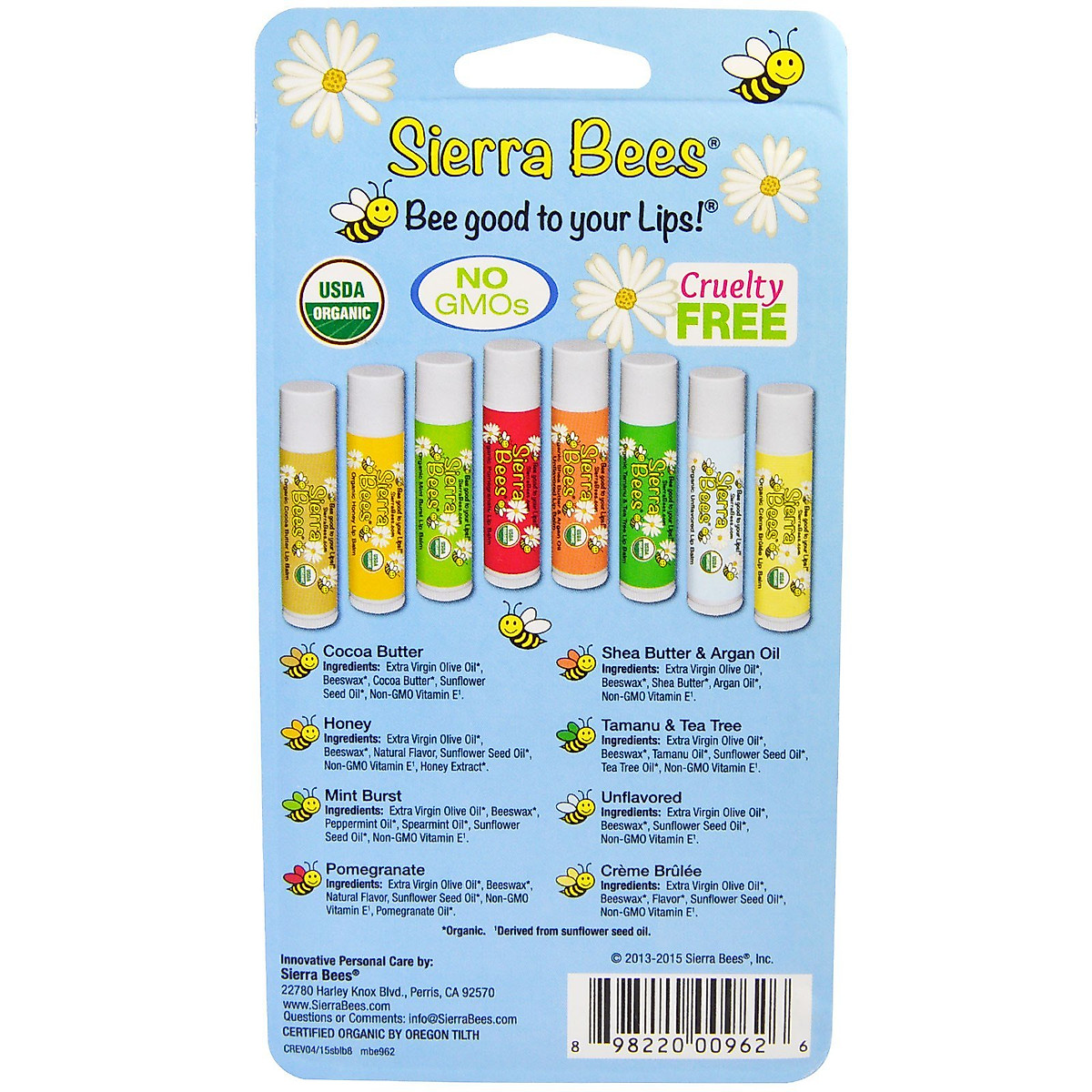Organic Lip Balm by Sierra Bees - Moisturizing Balm for Chapped Lips - Featuring Sustainably Sourced Beeswax, Olive Oil, Sunflower Oil, & Vitamin E - Variety 8 Pack - Pack of 2