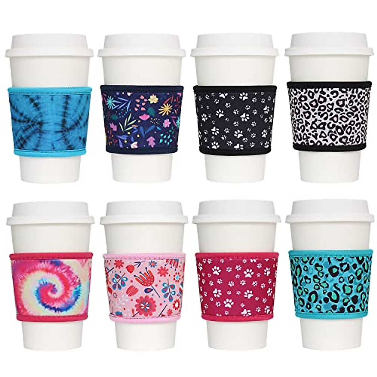 FRRIOTN 8 Pieces Reusable coffee cup sleeves Neoprene Insulator Sleeve for Hot Coffee, iced coffee and Tea Cups