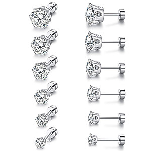 Screw Back Titanium Surgical Stainless Steel Earrings Flat Back Packs Hypoallergenic for Women Men Sensitive Ears Cubic Zirconia Simulated Diamond CZ Helix Stud Multipack Piercing