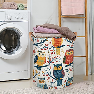 Tablerazzi Laundry Hamper Owl Colorful Large Collapsible Laundry Baskets Waterproof Clothes Hamper with Leather Handles for Bedroom, Bathroom, Dorm, Toys