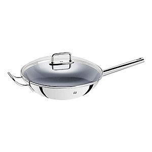 ZWILLING Wok, Glass Lid and Removable Grid Insert, Incl. Long Handle, Suitable for Induction, Stainless Steel, Plus,Silver, Ø 32 cm