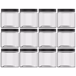 HoleviFO 14oz (420ml 12 Pack) Empty Clear Wide Mouth Plastic Jars with Matte Black Lids and Labels - Round PET Containers for Food Storage and Dry Goods,Craft and More - BPA Free