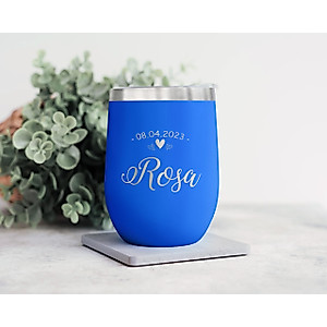 Personalized Wine Tumbler with Lid – Wine Glass Travel Mugs Insulated for Hot and Cold – Custom Leak Proof Tumbler Cups – Engraved Wedding Gifts for Newlyweds, Anniversary (Blue)