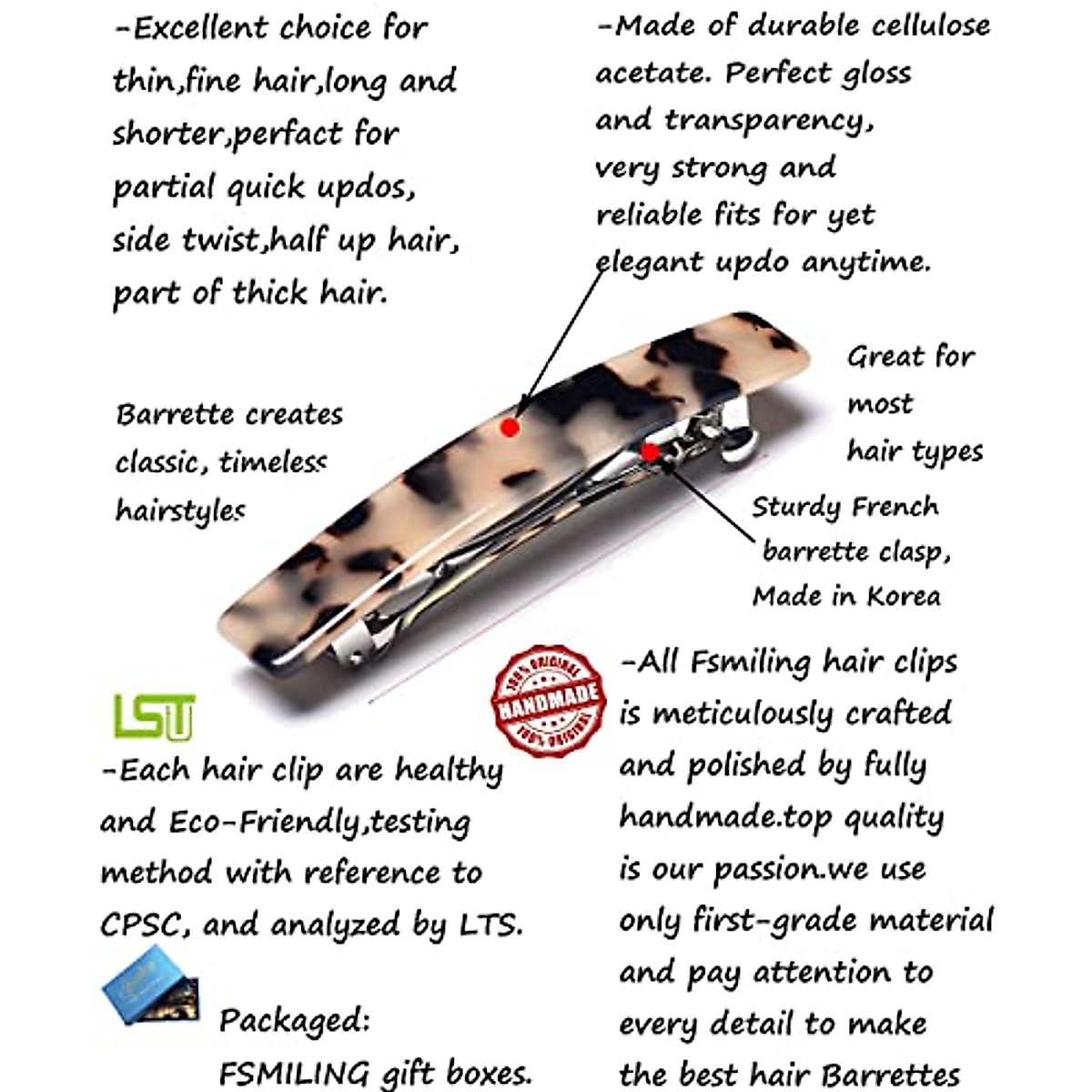 3 Pcs Womens Hair Barrettes Tortoise Shell Cellulose Acetate Barrettes Small French Barrettes For Thin Hair