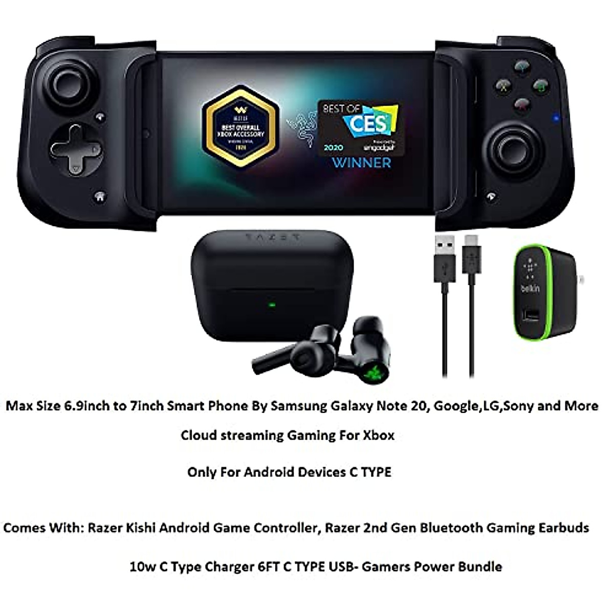 Kishi Gaming Controller For Android - SmartPhone Gaming Console Xbox Cloud - Hammerhead True Wireless X Bluetooth Gaming Earbuds 10w Charger (Bundle)