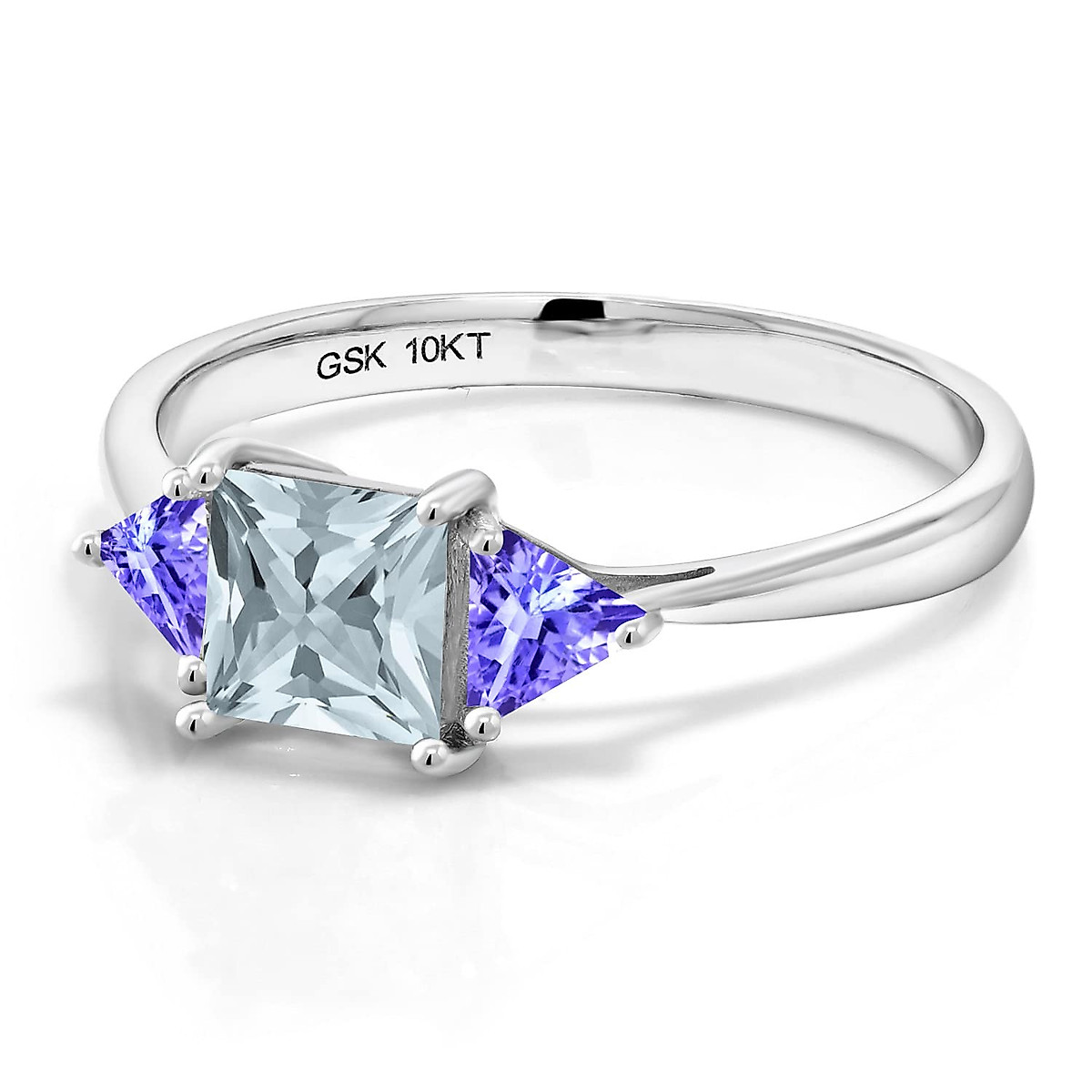 Gem Stone King 10K White Gold Sky Blue Aquamarine and Blue Tanzanite 3 Stone Engagement Ring For Women (0.84 Cttw, Gemstone March Birthstone, Princess Center 5MM, Trillion 3.5MM) (Size 7)