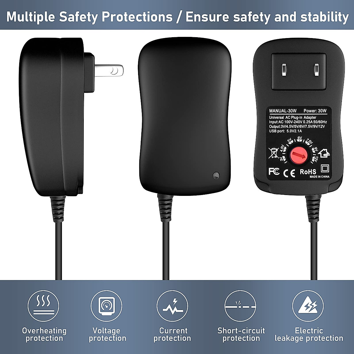 Universal AC Adapter, 30W Universal 3V 4.5V 5V 6V 7.5V 9V 12V AC/DC Adapter Switching Power Supply with 8 Selectable Adapter Head, for 3V to 12V Household Electronics - 2500mA Max