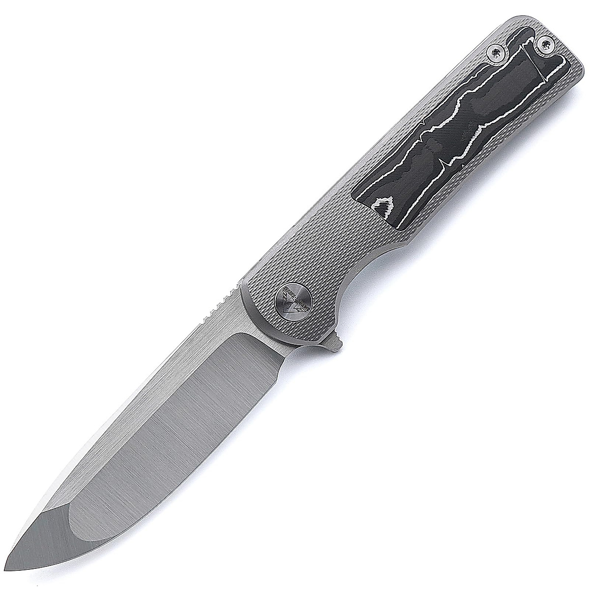 AMEIGHT KNIVES Kermu Flipper Folding Knife,3.5" Hand Hollow Ground Rubbed Satin M390 Blade Titanium Handle With Silver Carbon Fiber Inlay,Camping Hiking Pocket Knife AM8-008SR