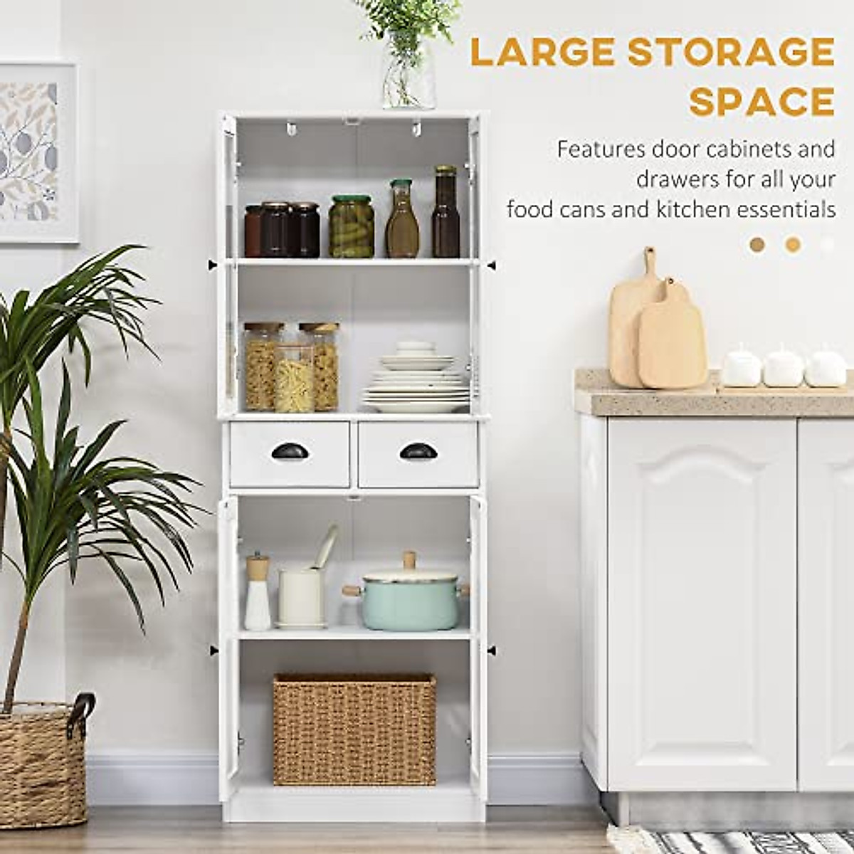 HOMCOM 61" Freestanding Kitchen Pantry, Traditional Style Storage Cabinet with Soft Close Doors, Adjustable Shelves, and 2 Drawers, for Living Room, Dining Room, White