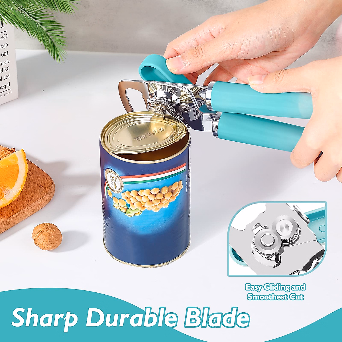 Mebotem 10 Colors Can Opener Manual Handheld Heavy Duty Hand Can Opener Smooth Edge Stainless Steel Can Openers Top Lid Kitchen Gadgets, Best Large Rated Easy Turn Knob, with Bottle Opener, Black