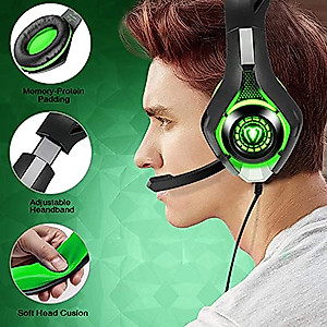 BlueFire Stereo Gaming Headset for Playstation 4 PS4 PS5, Over-Ear Headphones with Mic and LED Lights for Xbox One, PC, Laptop(Green)