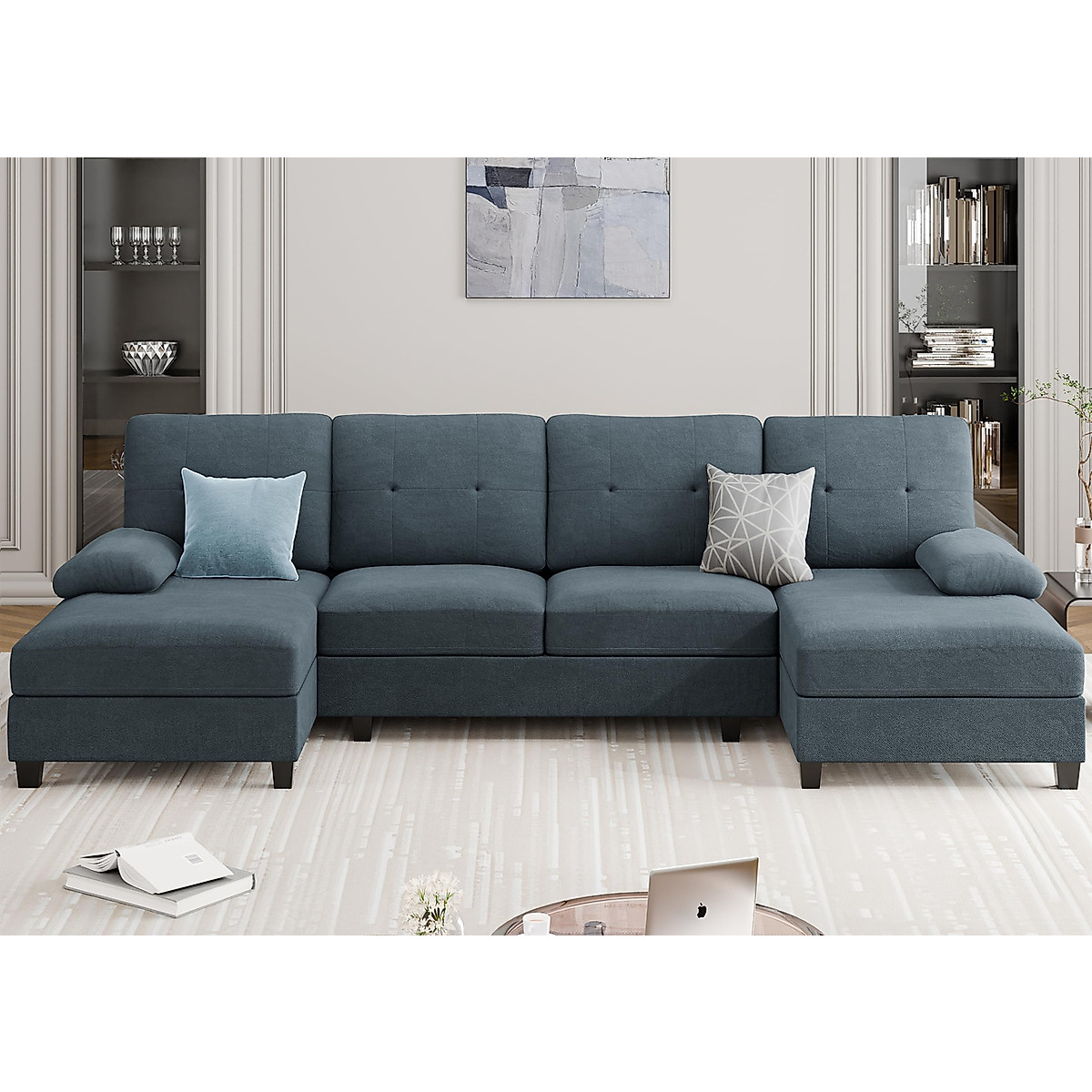 Meilocar Sectional Couches for Living Room, 4 Seat Sofa Set U-Shaped Couch with Wide Chaise, 106in Large Sofa Modern Fabric Couch with Oversized Seats (Grey)