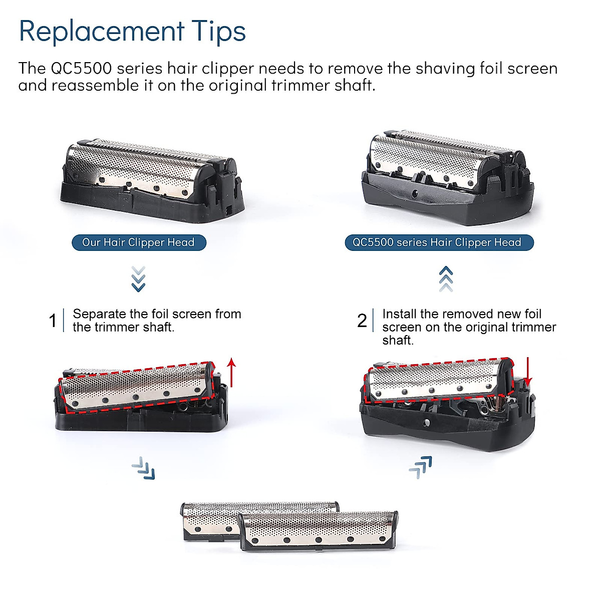 Foil Screen and Shaver Head Cutter Blades Replacement Compatible with Philips QC5550 QC5580 QC5570 QC5510 QC5530 QC5560 Hair Cilppers Comb Parts, Trimmer Shaving head Replacement for QS6140 QS6160