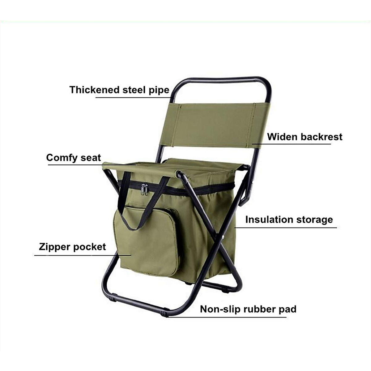 UNISTRENGH Outdoor Folding Fishing Chair Portable Camping Stool Foldable Chair with Double Layer Oxford Fabric Cooler Bag for Fishing Beach (Military Green)