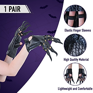 Skeleteen Faux Leather Claw Gloves - Black Lizard Skin Scary Costume Leather Hand Glove Animal Claws for Women and Kids