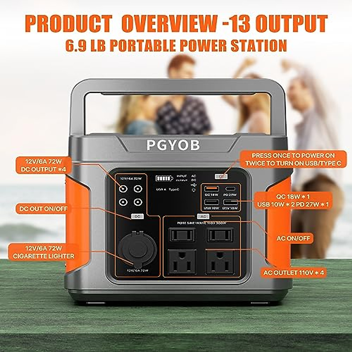 PGYOB 300W Portable Power Station, 296Wh Outdoor Solar Generator Backup Ternary Battery Pure Sine Wave Power Pack with AC/DC Outlet, PD USB-C Outlet for Home, Camping, RV, Blackout, CPAP
