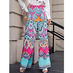 WDIRARA Women's Tropical Print High Elastic Waisted Wide Leg Loose Pants Trousers Multicolor Paisley M