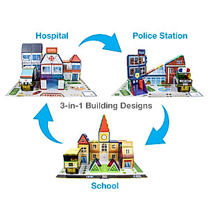 PicassoTiles Master Builder Magnetic Early Educational Toy Building Block Kit with 3 in 1 Playboard for Kid,Baby Ages 3 and Up, STEM Construction with School, Bus, Hospital, Police Station, 300 Piece