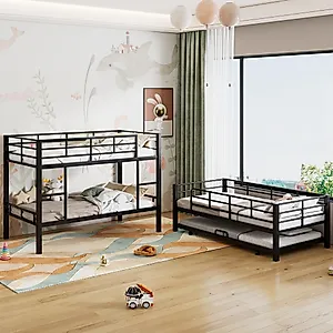 RuiSiSi Triple Twin Metal Bunk Bed with Trundle, 3 Twin Bunk Beds for Kids with Ladder, Can Be Divided Into 2 Beds, Heavy Duty Frame（Black）