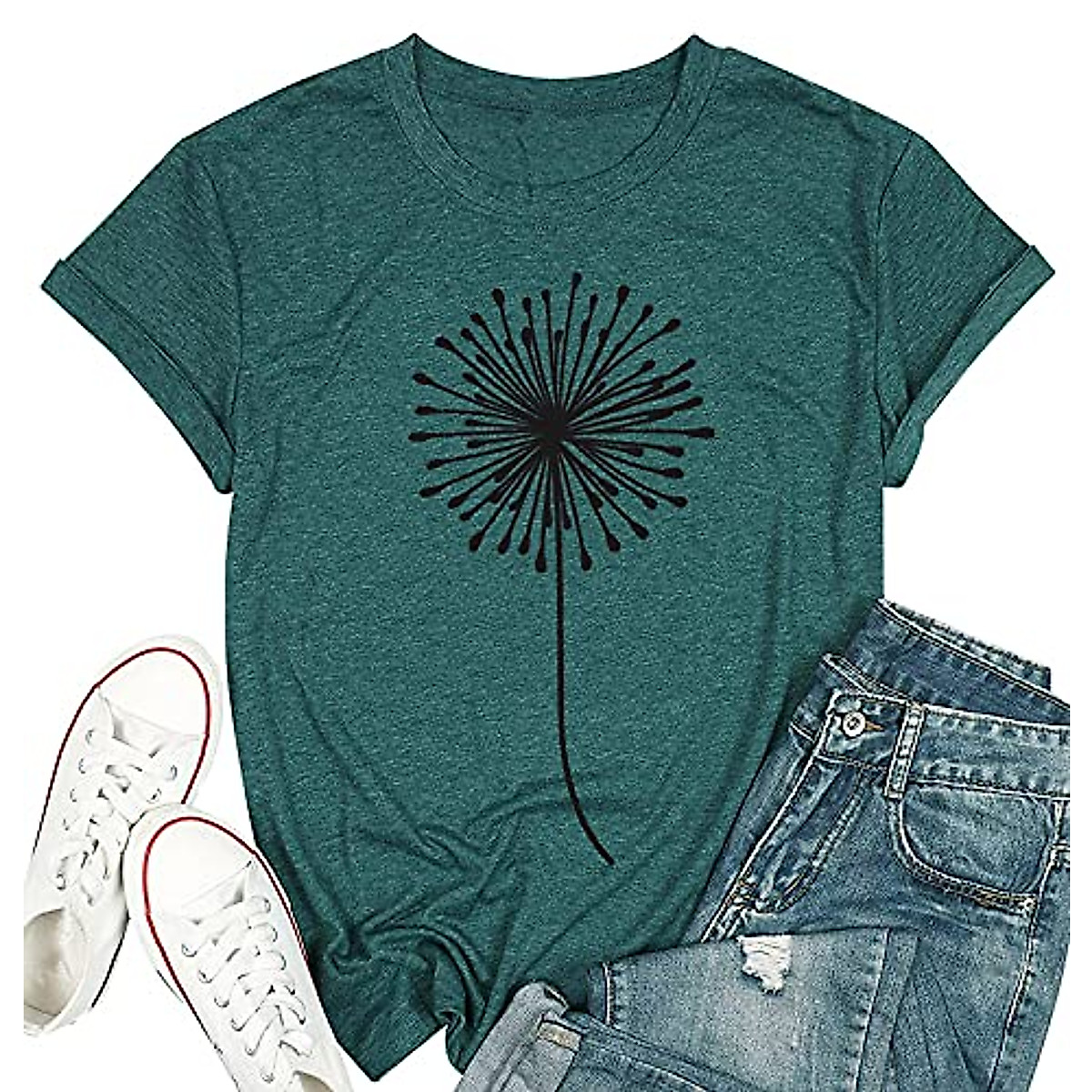 Bealatt Dandelion Graphic Tees for Women Make a Wish T Shirt Women's Flower Graphic Tee Tops Summer Cute Short Sleeve Shirt O Neck Blouse Tops Workout Shirts (Green, M)