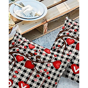 OComster Outdoor Pillow Covers Waterproof, Valentine's Day Throw Pillowcase Decorative Cover, Red Love Tree Bird Black White Plaid Garden Cushion Case Set of 2 for Sofa, Couch, Tent, Patio 16"x16"