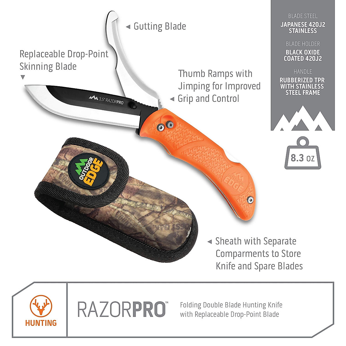 OUTDOOR EDGE RazorPro - Double Blade Folding Hunting Knife with Replaceable Razor Blade, Gutting Blade and Camo Nylon Sheath (Orange, 6 Blades)