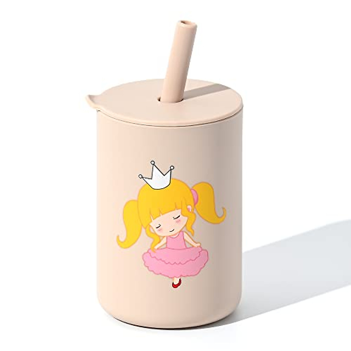 JOYIT Silicone Baby Open Cup with Straw, Baby Toddlers Open Cup 6 oz, Training and Learning Tumbler Cup (Princess-Beige)