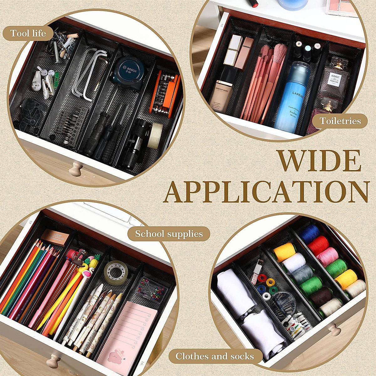 Baderke 4 Pack Silverware Drawer Organizer Mesh Utensil for Kitchen Drawer, Tray with Interlocking Arm Narrow Holder Flatware Spoon Knife Fork Pen, 9 x 3 2 Inch, Black