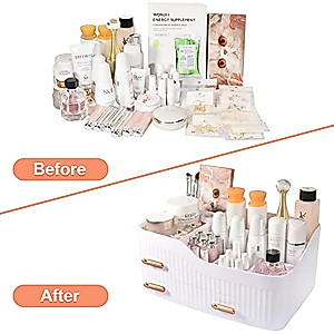 CGBE Makeup Organizer for Vanity, Large Cosmetic Organizer Countertop, Makeup Organizer with Drawers for Vanity, Lipstick, Brushes, Lotions and Jewelry Bathroom Counter or Dresser for Cosmetics-White