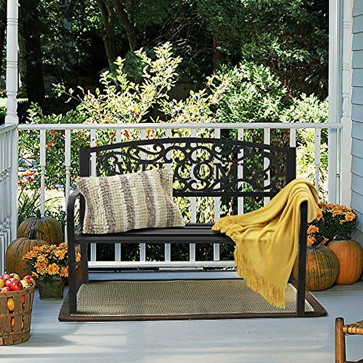 S AFSTAR Garden Bench, Metal Porch Bench for Park Garden Yard, Outdoor Patio Bench with Weather-Resistant Cast Iron Backrest and Welcome Pattern, Front Door Bench Park Bench for Outside (Black)