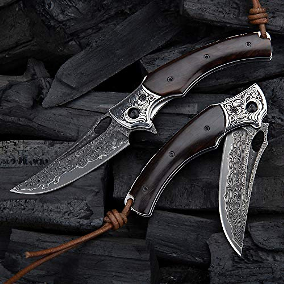 SPIRIT DEED 3.5in handmade japanese vg10 damascus steel blade folding pocket knife for men and women,leather sheath,ebony wood handle,liner lock,edc outdoor knives for camping