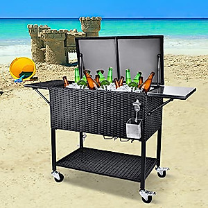 MAGIC UNION Outdoor Rolling Wicker Cooler Cart, 80 Quart Ice Chest Portable Beverage Bar for Patio Pool Party, Rattan Cooler Trolley with Bottle Opener, Waterproof Cover (Black- Single Top)