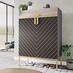 Tribesigns Shoe Cabinet with Drawers, 4-Tier Shoe Organizer with Removable Shelves, Modern Shoe Storage with Doors for Entryway, Hallway, Bedroom, Gray/Gold