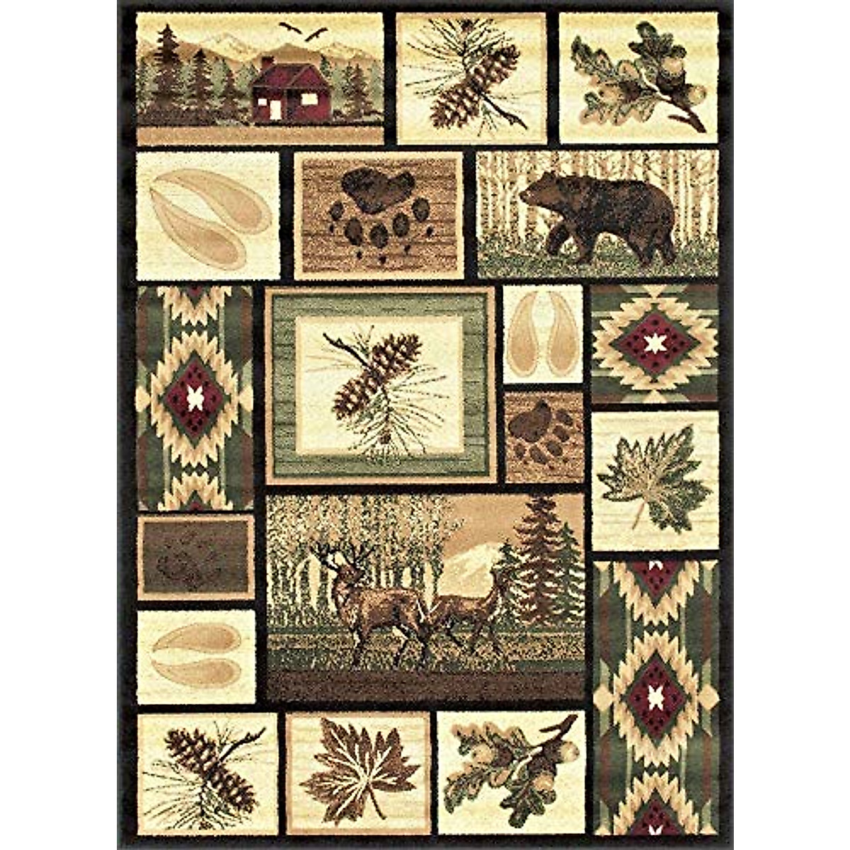 Champion Rugs Cabin Style Area Rug Rustic Western Country Bear Elk Deer Bear Wildlife Lodge Native American Design (5’ 3” X 7’ 5”)