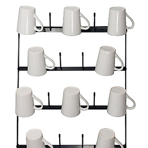 Wall Mounted Coffee Mug Rack - Large Rustic Black Iron Steel Kitchen Rack with 6 Rows - Storage for 27 Cups - Jar & Plate Holder - Vertical Display Organizer - Farmhouse Home Décor - Claimed Corner
