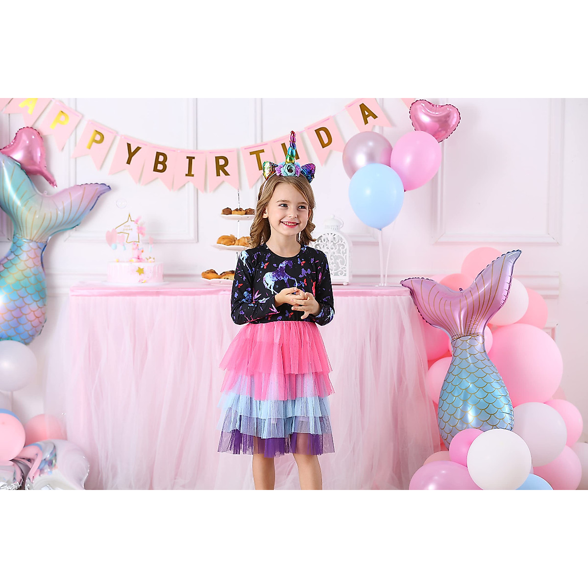 VIKITA Toddler Girls Dress Long Sleeve Cartoon Sweatshirt with Tutu for Birthday Party Dresses Outfit 5-6Y