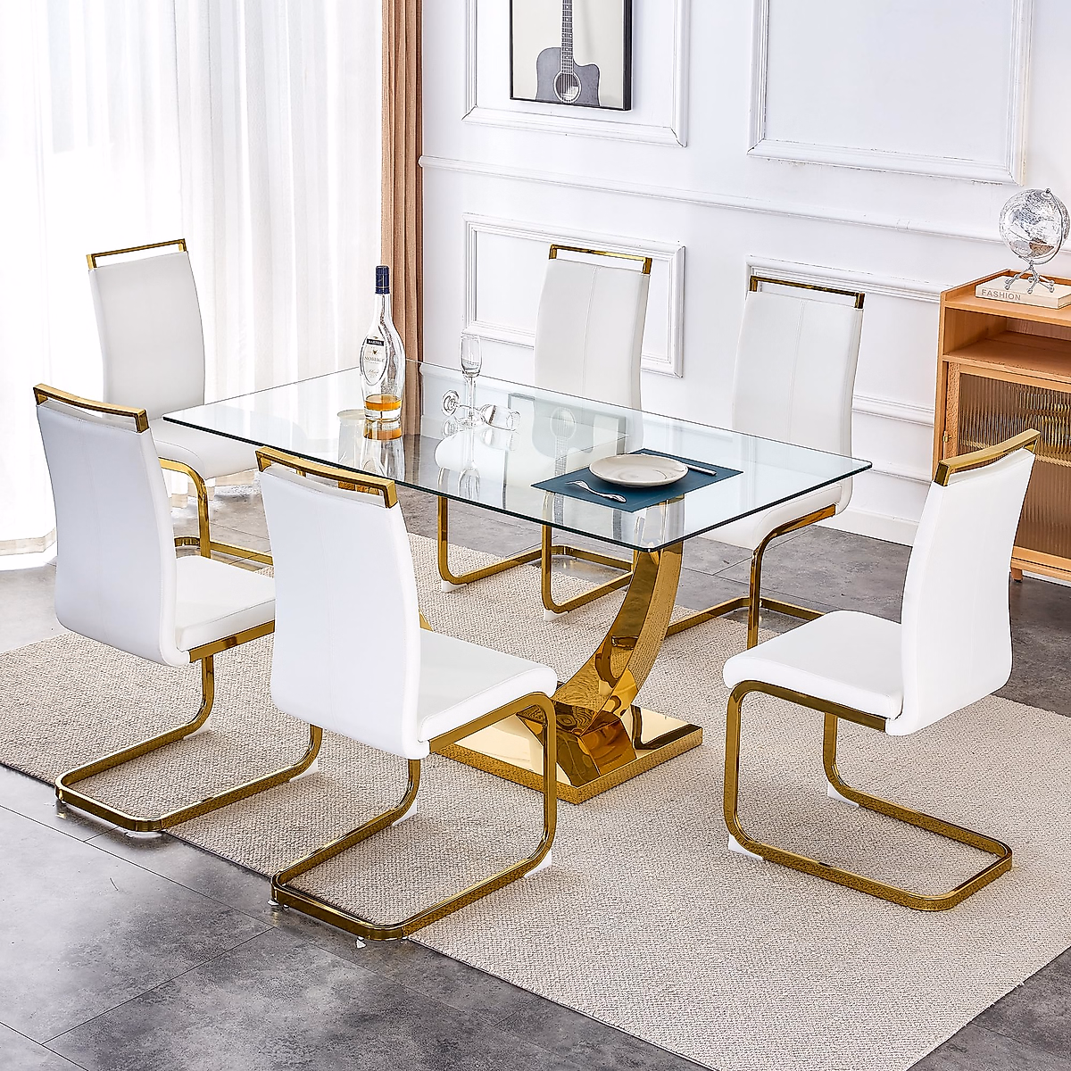 63" Glass Dining Table for 4 to 6 People, Modern Minimalist Kitchen Table with Tempered Glass Tabletop and Gold Metal Base, Large Rectangle Dining Room Table for Kitchen Dining Room