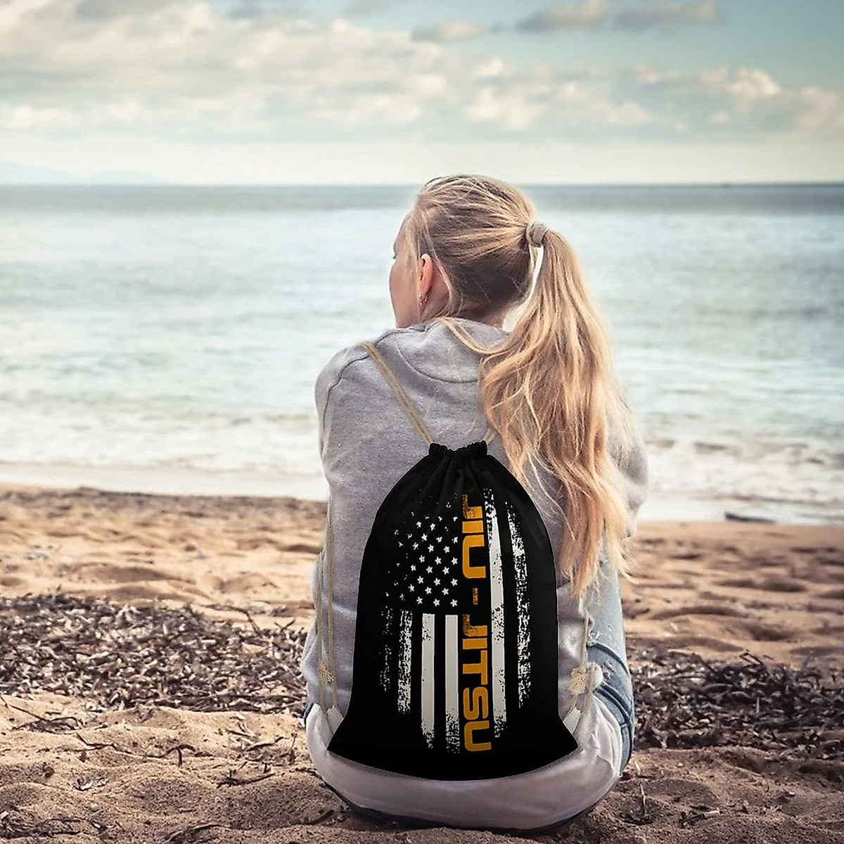 FunnyStar Jiu Jitsu USA Flag Canvas Drawstring Backpack Shoulder Pouch String Bag Sackpack For Gym Shopping Sport Yoga Travel 30x40cm