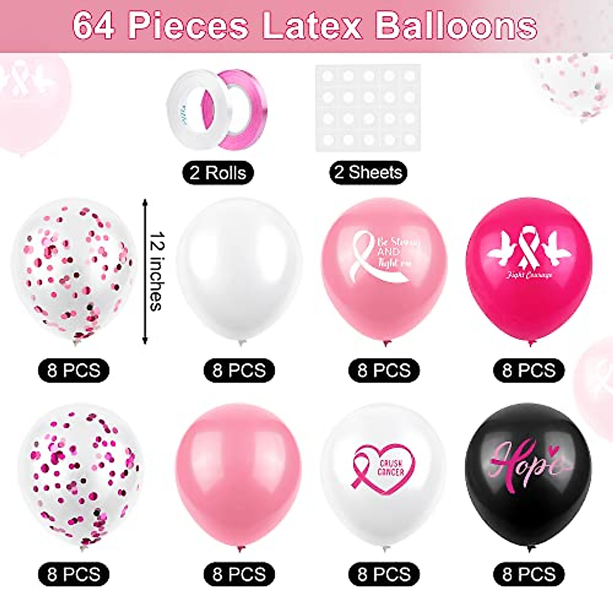 Grehge ces Pink Ribbon Latex Balloons Breast Cancer Awareness Balloons Transparent Confetti Glitter Balloons Set Printed Balloons with Ribbons for Charity Fundraiser Party Supplies, 8 Designs