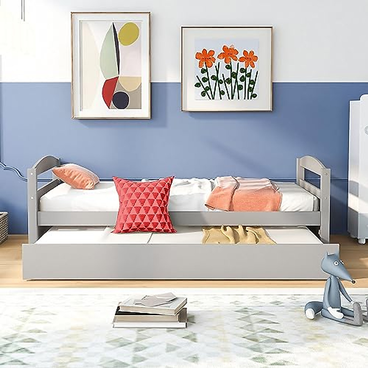 Anwickmak Wooden Twin Daybed with Trundle, Trundle Bed Twin, Modern Platform Day Beds Frames for Kids,Teens,Boys,Girls,Solid Wood Slat Support,Noiseless,No Box Spring Needed,Easy Assemble (Grey)