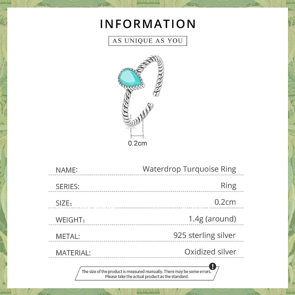 Shysnow Turquoise Ring for Women Vintage Adjustable Green Twisted Rope Rings Sterling Silver 925 Open Blue Oval Cut Turquoise Western Statement Ring Boho Jewelry