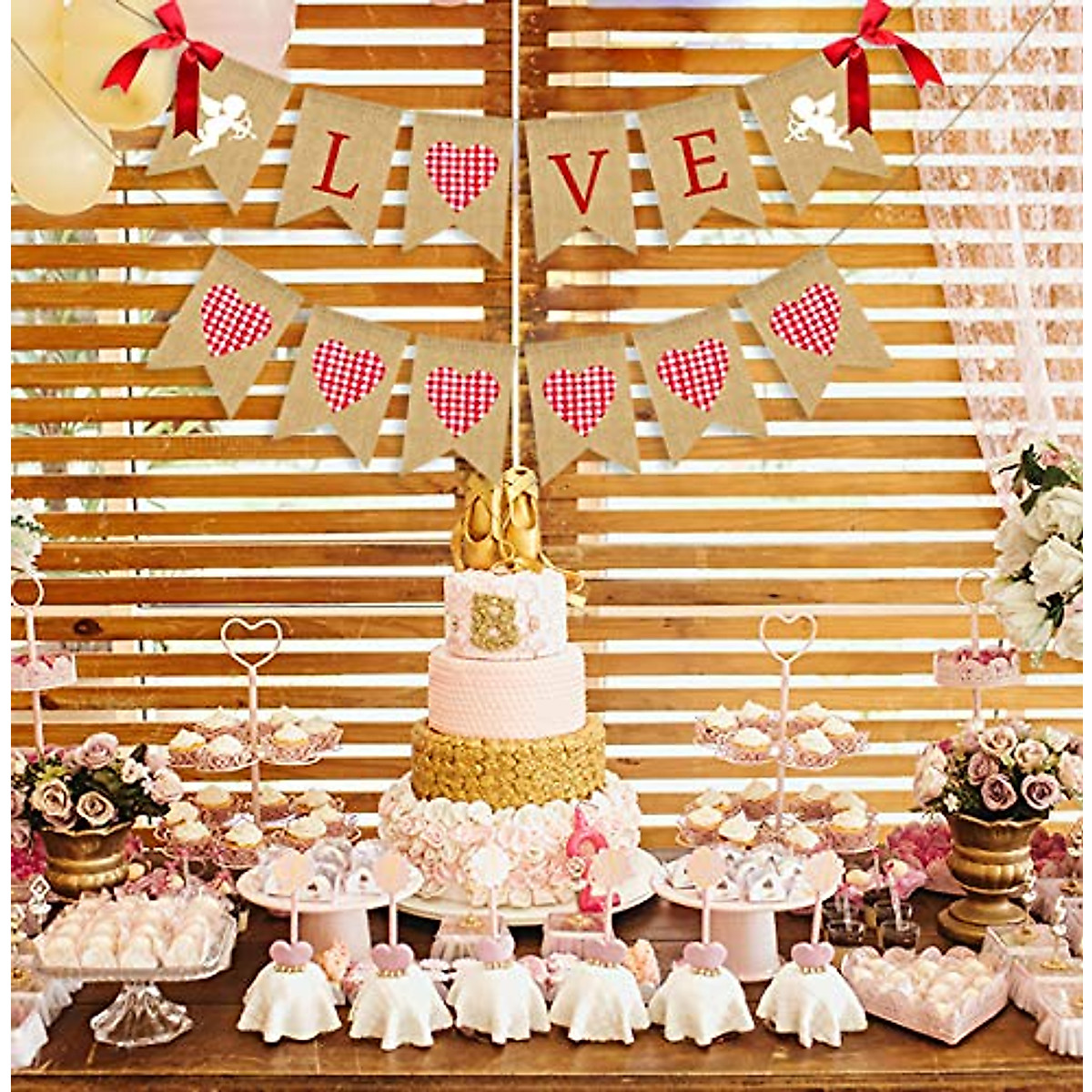 JOZON Love Burlap Banner and Pink Plaid Heart Burlap Banner Valentine's Day Bunting Banner Garland with Cupid Signs and Bows Valentines Day Party Decorations for Wedding Anniversary Mother‘s Day