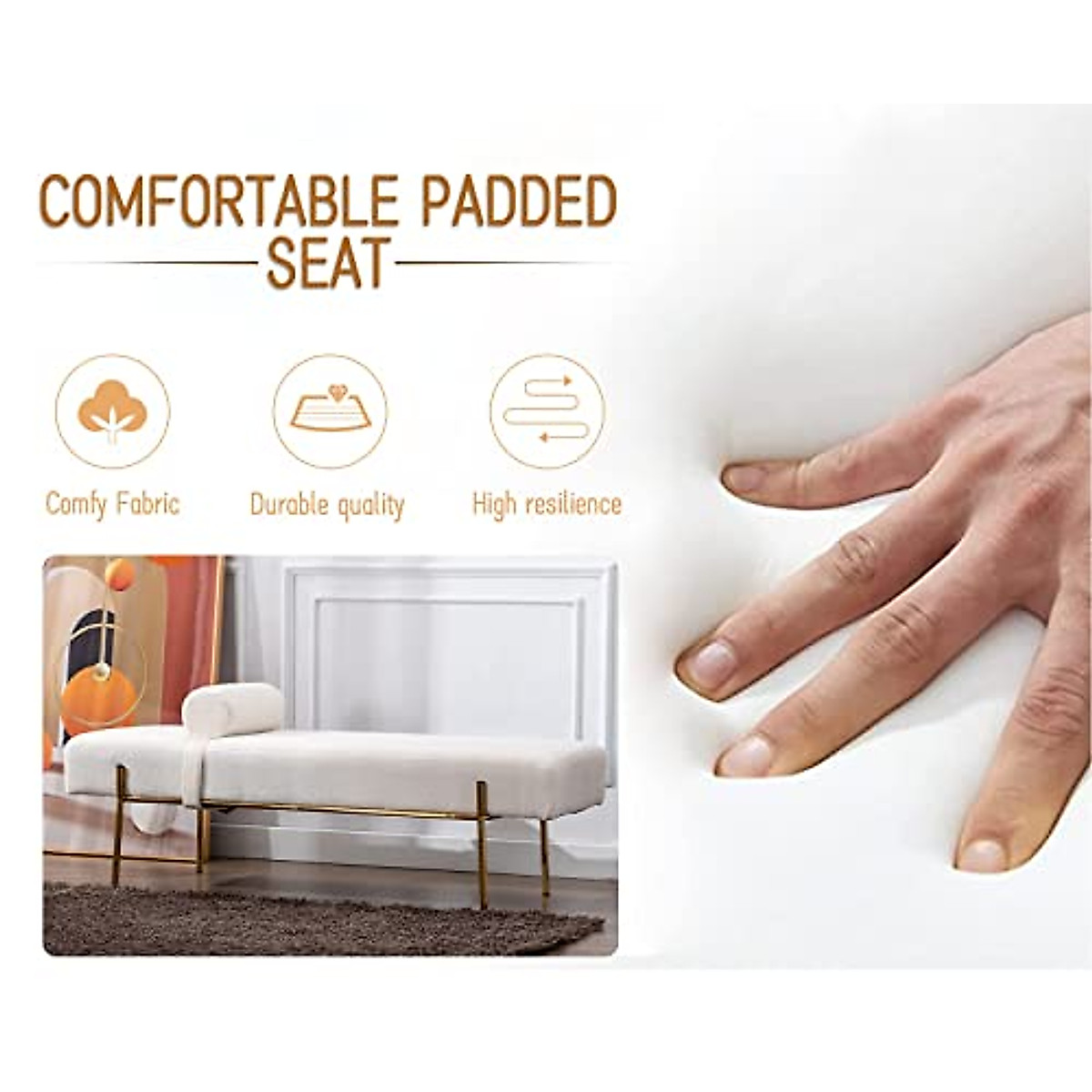 Guyou 55" White End of Bed Bench, Modern Faux Fur Upholstered Ottoman Bench Seat with Gold Legs, Fuzzy Long Bench for Bedroom Living Room Foyer Indoor Entryway (White)