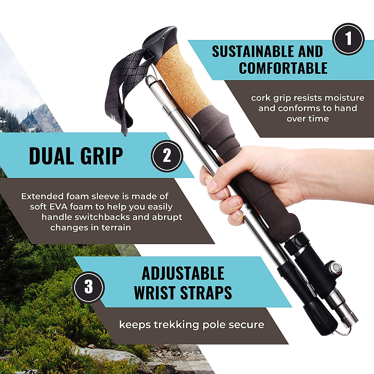 TREKOLOGY 2 pc Trekking Hiking Poles / 6 pc Replacement Rubber Tips-Collapsible Trekking Poles Nordic Hiking Pole Cork Grip. Lightweight Aluminum 7075,Adjustable Quick Flip-Lock, Folding Walking Stick