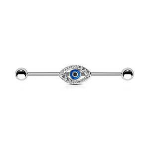 OUFER Eyes Industrial Barbells, 316L Surgical Steel Industrial Earrings, Clear CZ Paved 14G Gold Industrial Piercing Jewelry, Cartilage Earrings