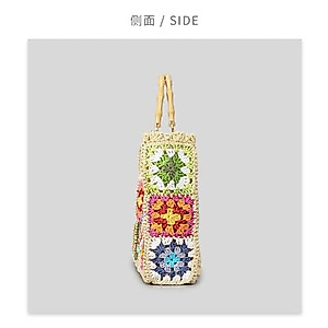 Bohemian Granny Square Handbags Casual Paper Woven Bamboo Handle Women Hand Bags Handmade Beach Bag Large Tote Purse (Beige)