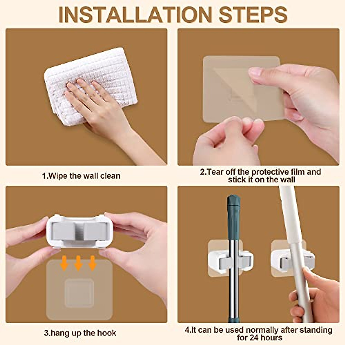 Arrozon Broom Holder Wall Mount,4 Pcs Mop and Broom Organizer Wall Mounted Self Adhesive Heavy Duty Broom Hanger and Mop Grippers for Kitchen, Bathroom, Closet, Garden Garage (White)