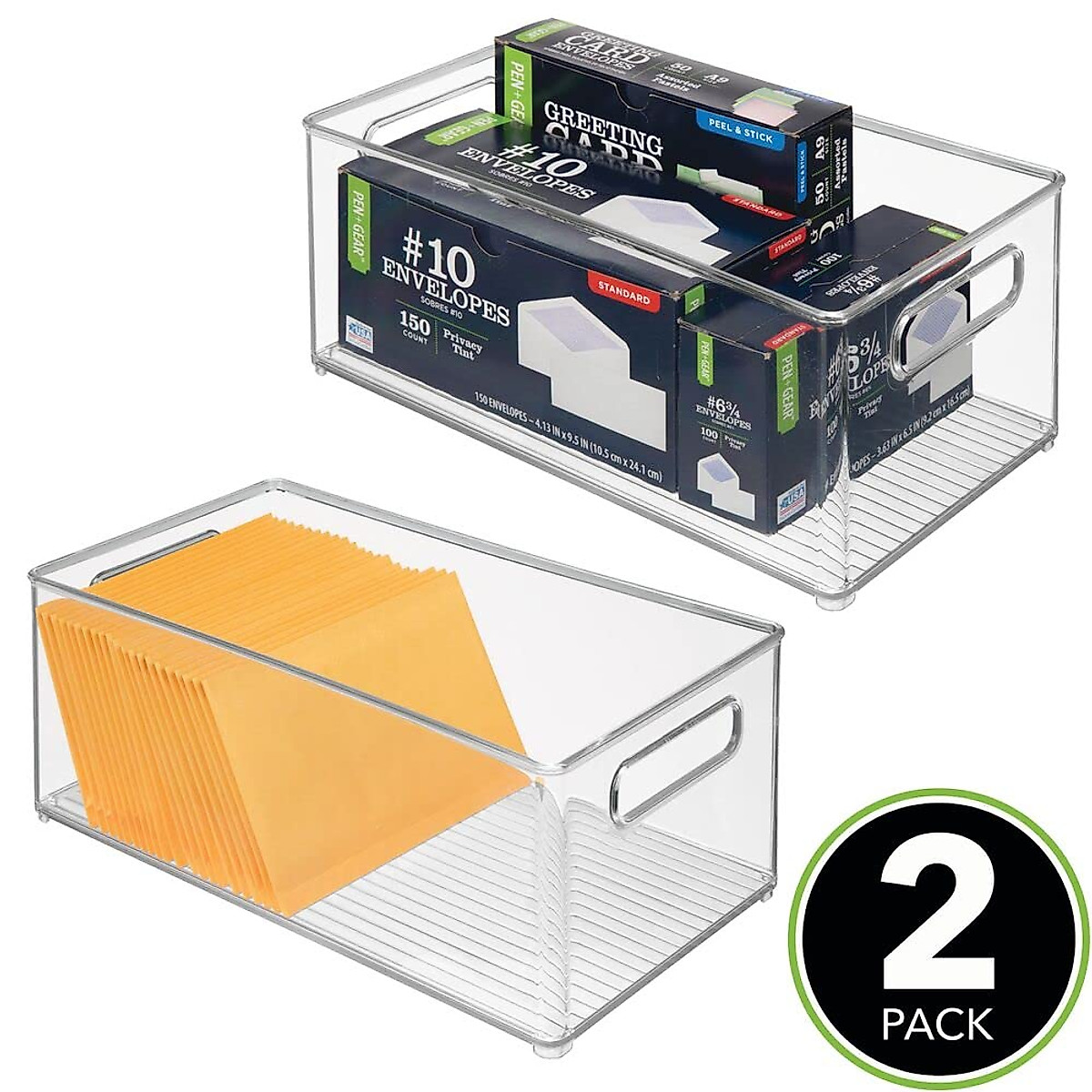 mDesign Deep Plastic Storage Organizer Container Bin, Office Organization for Filing Cabinet, Cupboard, Shelves, and Desk - Holds Notepads, Pens, Pencils, Highlighters, and Staplers - 2 Pack - Clear